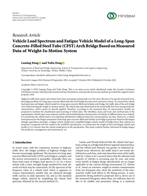 Pdf Vehicle Load Spectrum And Fatigue Vehicle Model Of A Long Span Concrete Filled Steel Tube