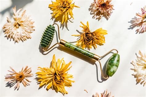 녹색 옥 마사지 롤러 꽃의 마른 싹 옆에 흰색 배경에 얼굴을위한 롤러 꽃 식물에 대한 스톡 사진 및 기타 이미지 꽃 식물 노화 방지 녹색 Istock