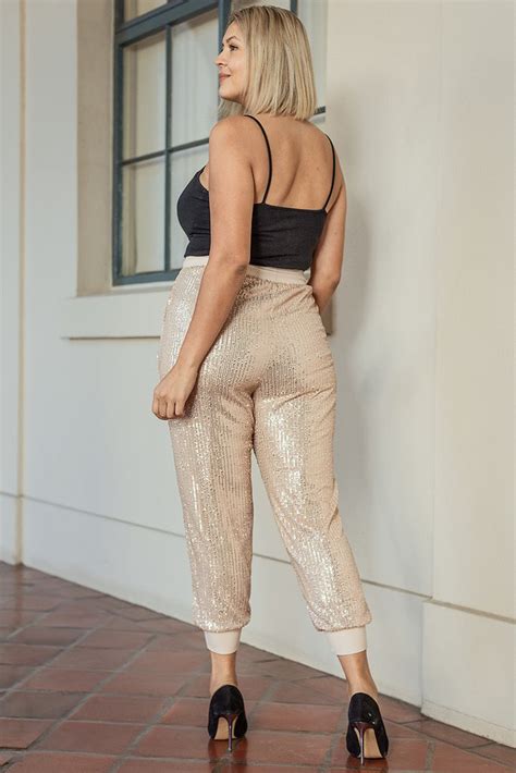 Bottoms Up Plus Size Rose Gold Sequin Joggers Haute2wear