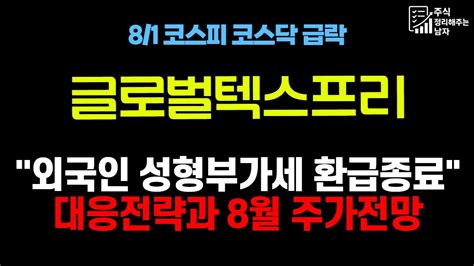 글로벌텍스프리 주가전망 외국인 성형 부가세 환급 특례 종료에 급락 8월 대응 전략은 글로벌텍스프리 Youtube