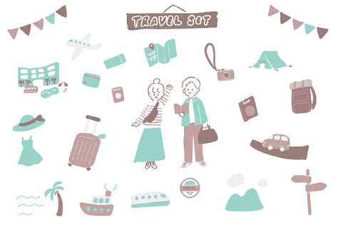 여행하는 일본인 남성과 여성과 여행 관련 아이콘의 일러스트 세트를 자연스러운 색으로 개체 그룹에 대한 스톡 벡터 아트 및 기타 이미지 개체 그룹 관광객 귀여운