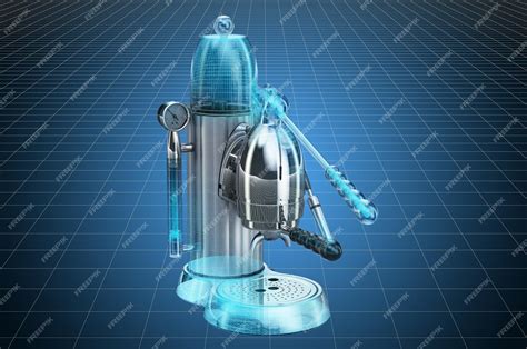 커피 머신 복고풍 디자인 청사진 3d 렌더링의 시각화 3d Cad 모델 프리미엄 사진