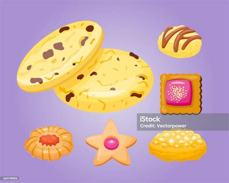 다른 쿠키 수 제 아침 식사 빵 케이크 격리 하 고 맛 있는 간식 비스킷 과자 맛 있는 달콤한 디저트 베이커리 벡터 일러스트 레이 션을 먹고 건강관리와 의술에 대한 스톡