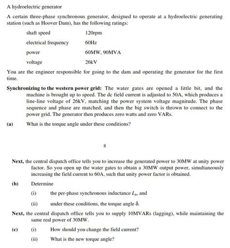 Solved A Hydroelectric Generator A Certain Three Phase Chegg