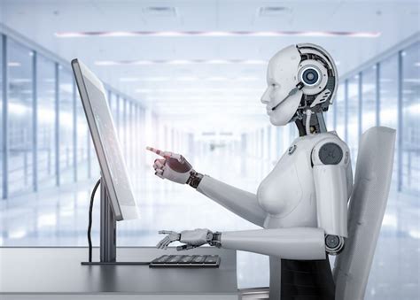 Premium Photo Automation Worker Concept With 3d Rendering Female Cyborg Or Robot Work On