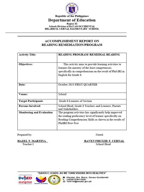 Accomplishment And Narrative Report Reading Program Pdf Reading Comprehension Learning