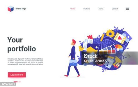 포트폴리오 랜딩 페이지 프리랜서 아티스트 캐릭터 및 트렌디한 아트워크 클라우드 작품집에 대한 스톡 벡터 아트 및 기타 이미지