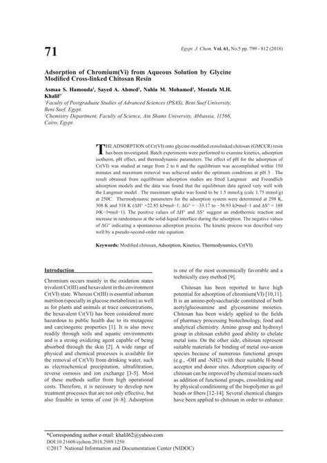 Pdf Adsorption Of Chromium Vi From Aqueous Solution By Glycine