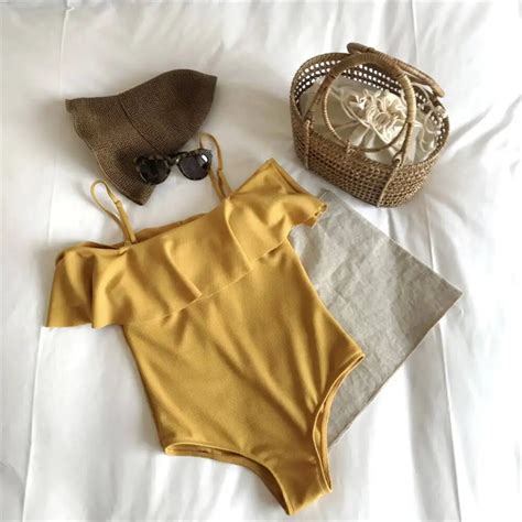 Sexy Off Shoulder One Piece Swimsuit Solid Swimwear Women Push Up