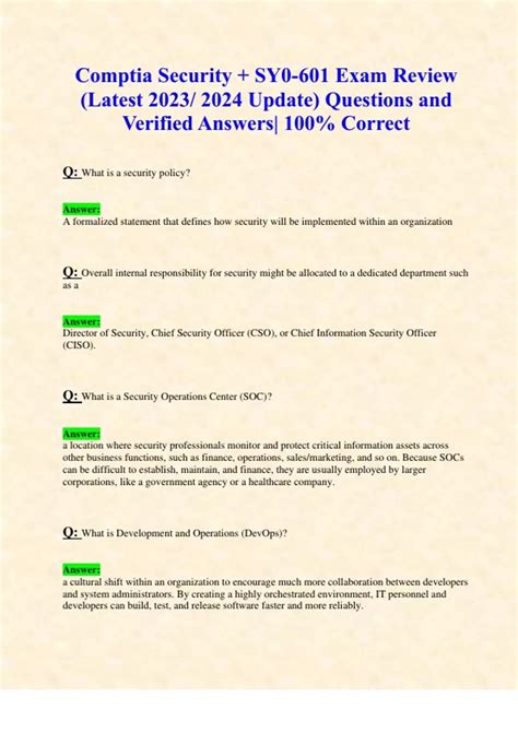 Comptia Security Sy0 601 Exam Review Latest 2023 2024 Update Questions And Verified Answers
