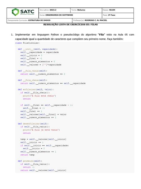 ResoluÇÃo Lista De Exercícios 05 Filas Pdf Python Linguagem De