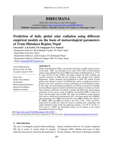 Pdf Prediction Of Daily Global Solar Radiation Using Different Empirical Models On The Basis