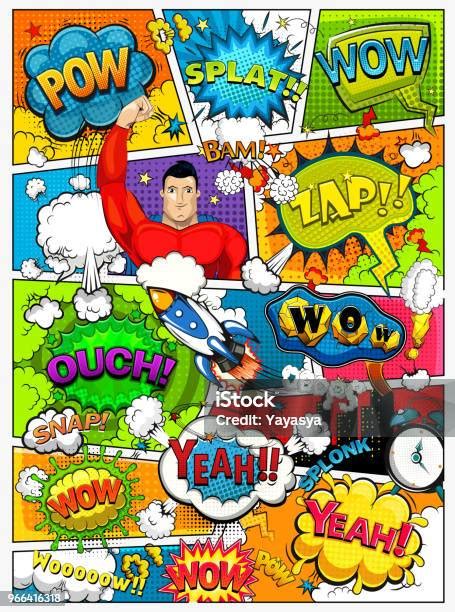만화 책 페이지 연설 거품 로켓 슈퍼 히어로 소리 효과 함께 선으로 분할 합니다 레트로 배경 모형입니다 일러스트 레이 션 공란에