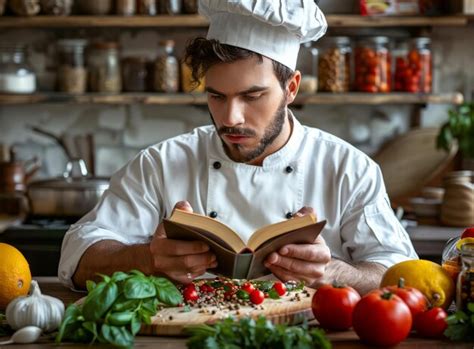 Premium Photo Young Male Chef Reading A Cookbook In The Kitchen