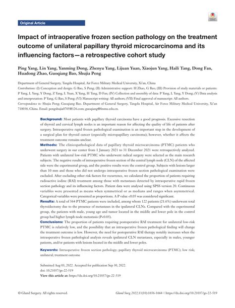 Pdf Impact Of Intraoperative Frozen Section Pathology On The Treatment Outcome Of Unilateral