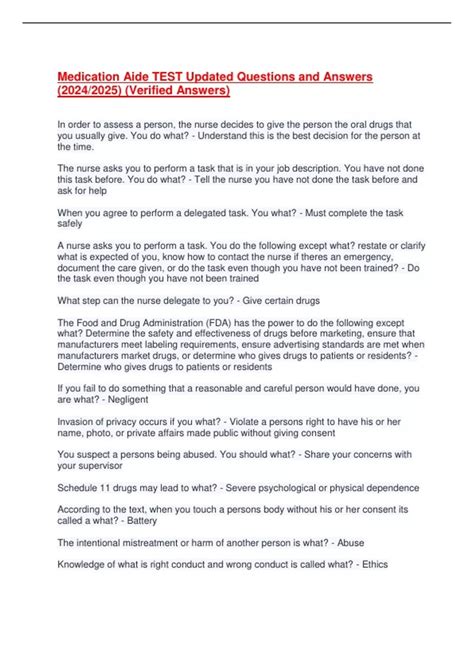 Medication Aide Test Updated Questions And Answers 2024 2025 Verified Answers Medication