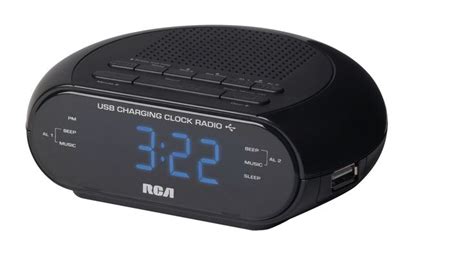 RCA USB Charging Clock Radio Blue LED Display Brightness Display FM Radio With Presets