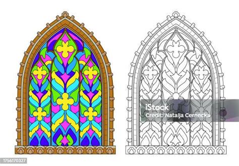 고딕 양식의 스테인드 글라스 창문의 화려하고 흑백 그림 어린이와 성인을 위한 색칠하기 책 서유럽의 중세 건축 양식 그림과 명상을 위한 워크시트 유리 재료에 대한 스톡 벡터