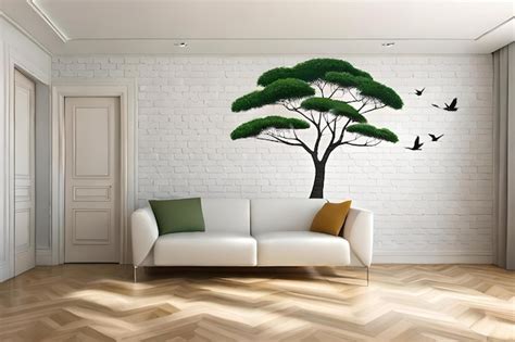 Premium Photo A Living Room With A Mural Of A Tree On The Wall