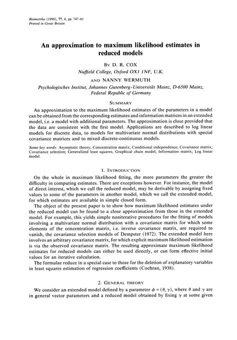 Pdf An Approximation To Maximum Likelihood Estimates In Reduced Models