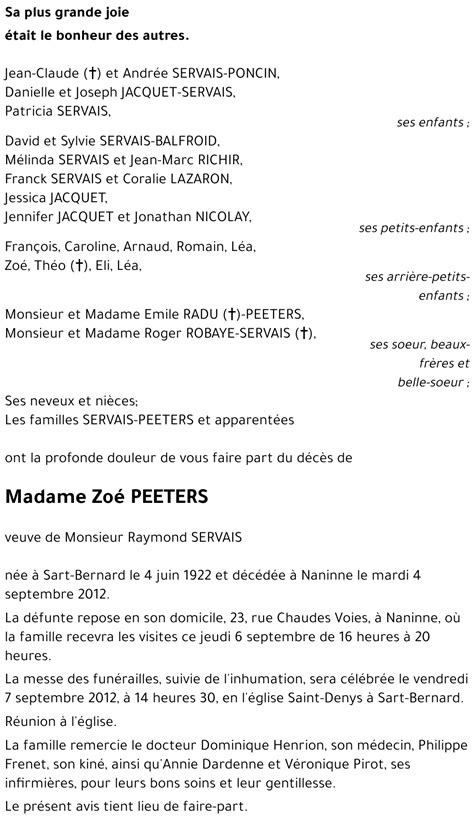 Avis De Décès De Zoé Peeters Décédé Le 04 09 2012 à Naninne Annonce Condoléances Fleurs Etc