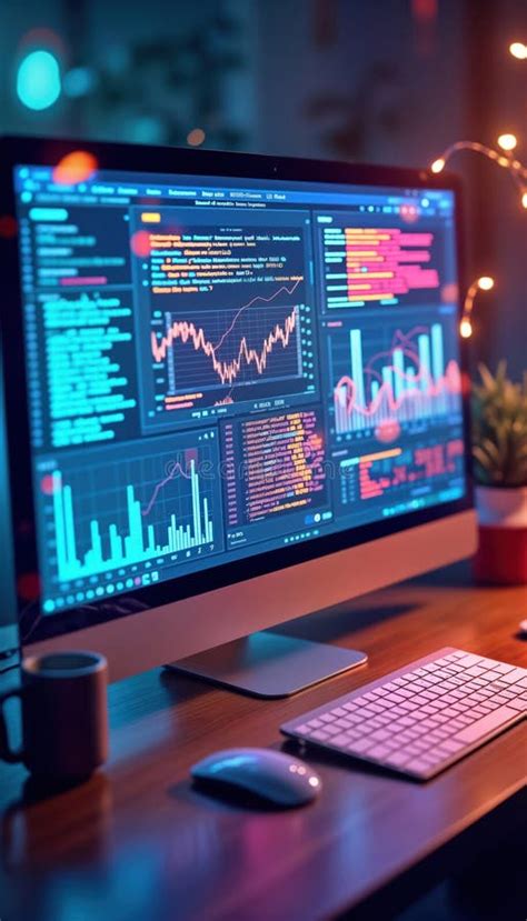 Desktop Computer Screen Shows Vibrant Coding Data Stock Charts Modern Tech Tools Digital Art