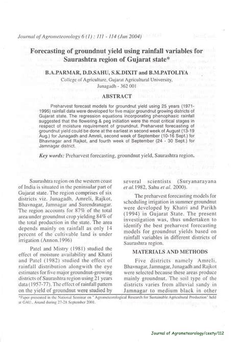 Pdf Forecasting Of Groundnut Yield Using Rainfall Variable For