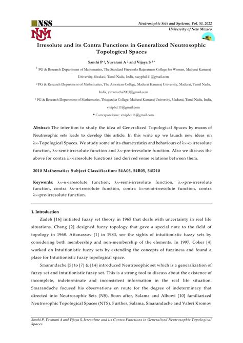 Pdf Irresolute And Its Contra Functions In Generalized Neutrosophic Topological Spaces