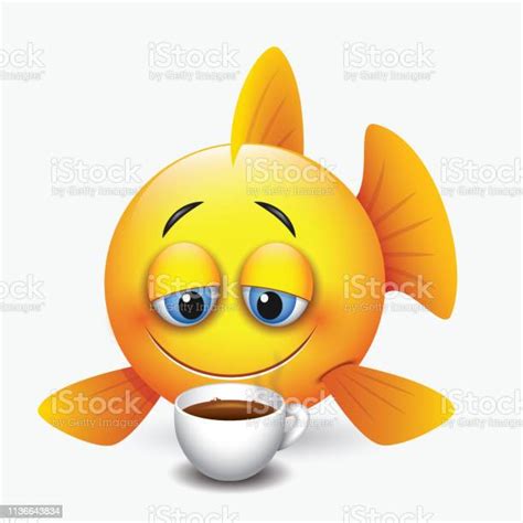 귀여운 마시는 커피 물고기 이모티콘 이모티콘 웃는 벡터 일러스트 레이 션 귀여운에 대한 스톡 벡터 아트 및 기타 이미지 귀여운 꼬리 노랑 Istock