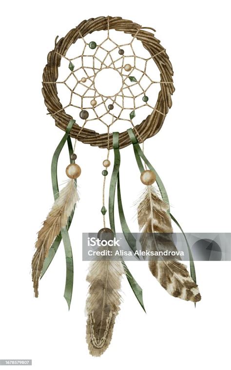 고립된 배경에 있는 드림캐쳐 드림 캐쳐 또는 사냥꾼의 수채화 그림 깃털이 달린 빈티지 수면 부적의 손으로 그린 클립 아트 인사말 카드와 인쇄물을 위해 보헤미안 스타일로