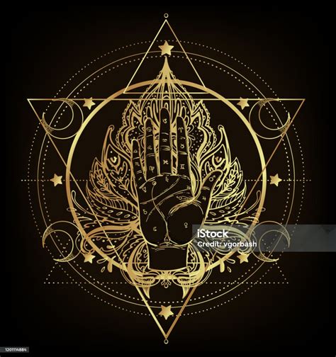 신성한 형상 및 부 기호 세트입니다 조화와 균형의 아유르베다 기호 문신 디자인 요가 로고 포스터 티셔츠 직물 검은 색 위에 다채로운 무지개 그라데이션 0명에 대한 스톡 벡터