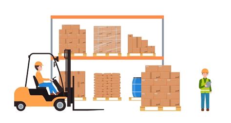 창고 선반과 지게차 트럭 노동자는 나무 팔레트에 상자를 쌓습니다 흰색에 고립 된 플랫 벡터 일러스트레이션 지게차에 대한 스톡 벡터 아트 및 기타 이미지 Istock