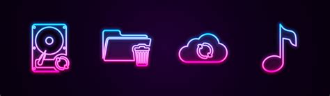 설정 라인 하드 디스크 드라이브 Hdd 동기화 새로 고침 폴더 삭제 클라우드 및 음악 노트 톤 빛나는 네온 아이콘 벡터 개념에
