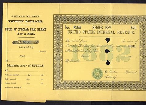 Us Special Tax Stamp For A Still Twenty Dollars Series 1882