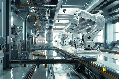 An Interior View Of A Clean And Modern Automated Manufacturing Plant Featuring Robotic Arms And