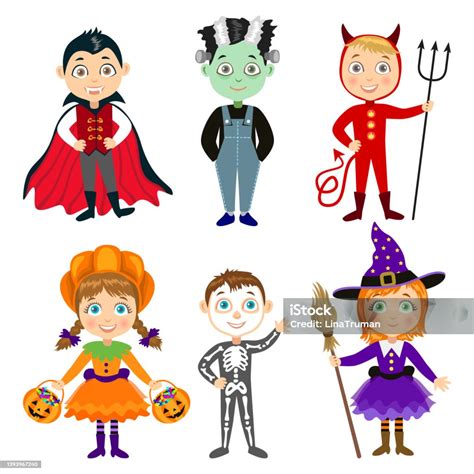 할로윈 의상을 입은 어린이 세트 뱀파이어 드라큘라 악마 마녀 호박 좀비 해골 할로윈 캐릭터 파티에 대한 스톡 벡터 아트 및 기타