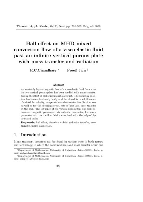Pdf Hall Effect On Mhd Mixed Convection Flow Of A Viscoelastic Fluid Past An Infinite Vertical