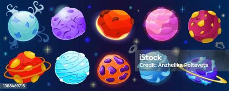 만화는 얼음 불과 바위로 설정 된 행성 클립 아트 아이콘을 스파 분화구와 고리가 있는 마법 세트 행성 만화 벡터 일러스트 팩 우주 게임을위한 Ui 플레이 디자인 개체 그룹에