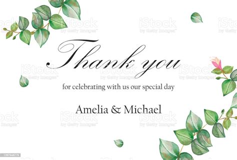 수채화 손 그린 자연 로맨틱 한 결혼식 축하 프레임 구성 녹색 유칼립투스 가지 핑크 꽃과 감사 인사말 카드에 대한 흰색 배경에 이름 텍스트 감사에 대한 스톡 벡터 아트 및