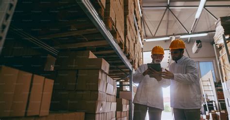 열심히 일하는 두 명의 창고 직원이 창고에 서서 재고를 확인합니다 나이가 많은 사람은 태블릿을 들고 있고 젊은 사람은 태블릿을 보고 있습니다 사진 Unsplash의