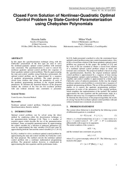 Pdf Closed Form Solution Of Nonlinear Quadratic Optimal Control