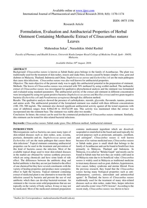 Pdf Formulation Evaluation And Antibacterial Properties Of Herbal Ointment Containing