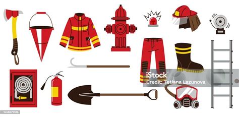 소방 장비 만화 소방관 도구 낙서 플랫 스타일 소방관 아이콘 도끼 버킷 호스 소화전 헬멧 안전 개념 벡터 절연 세트 소방관에 대한 스톡 벡터 아트 및 기타 이미지 Istock
