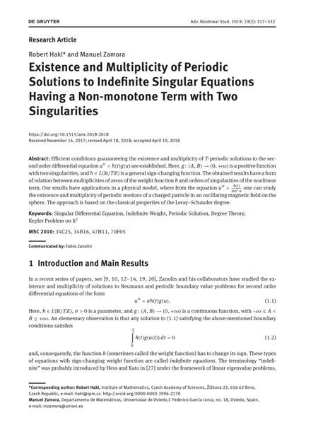 Pdf Existence And Multiplicity Of Periodic Solutions To Indefinite Singular Equations Having A