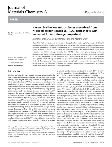 Pdf Hierarchical Hollow Microspheres Assembled From N Doped Carbon Coated Li4ti5o12 Nanosheets