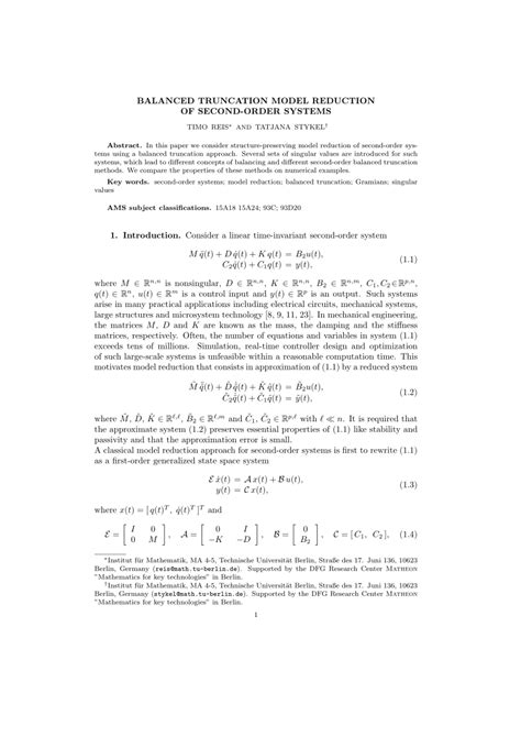 Pdf Balanced Truncation Model Reduction Of Second Order Systems
