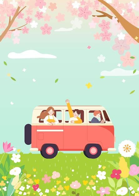 봄 풍경 여행 피크닉 캠핑 자동차 자연 프리미엄 벡터