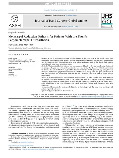 Pdf Metacarpal Abduction Orthosis For Patients With The Thumb Carpometacarpal Osteoarthritis