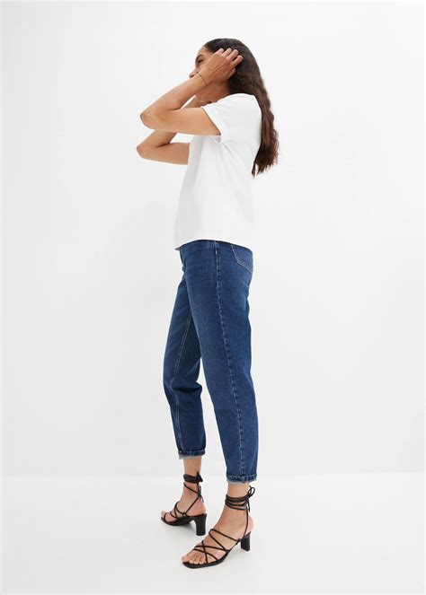 High Waist Mom Jeans Low Stretch Cropped Donkerblauw Denim Used