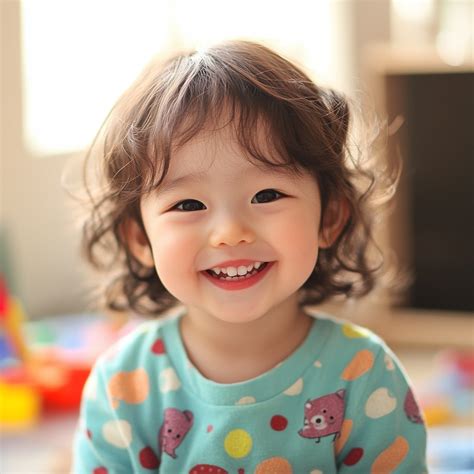 밝고 화사한 배경에서 웃고 있는 귀여운 3살 한국 아이 밝은 색상의 옷을 입고 있으며 주변에 장난감들이 흩어져 있는 모습 따뜻한 햇살이 비치는 실내 공간 아이의